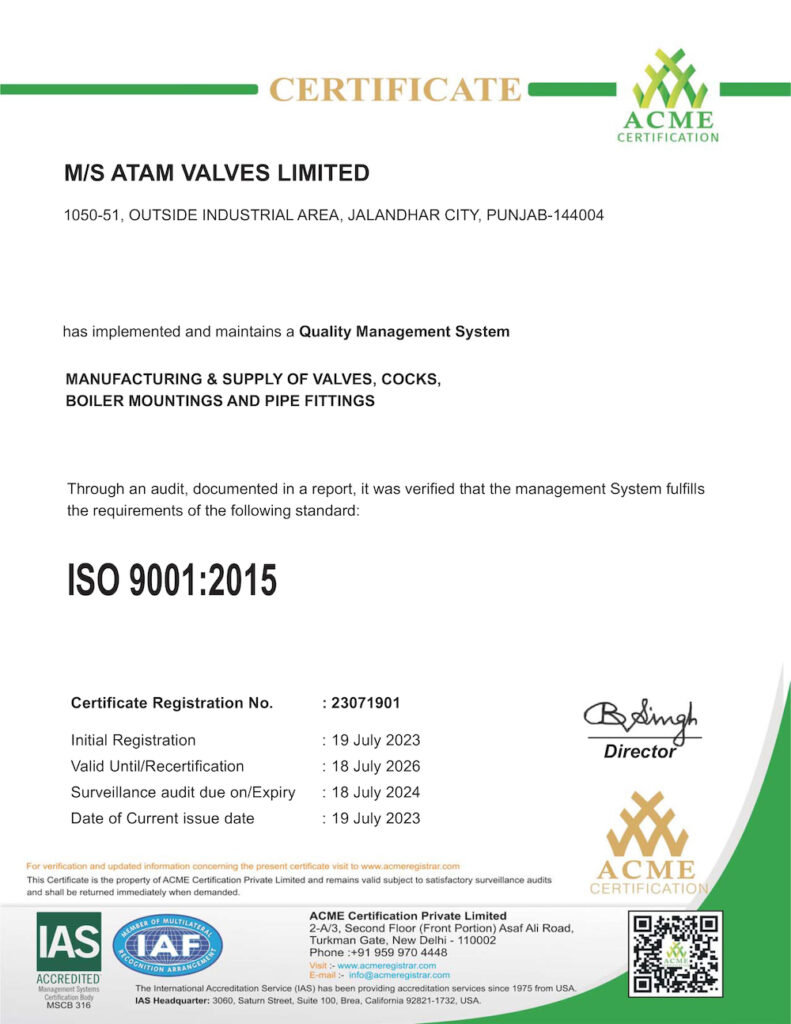 Certifications - Atam Valves Limited, India